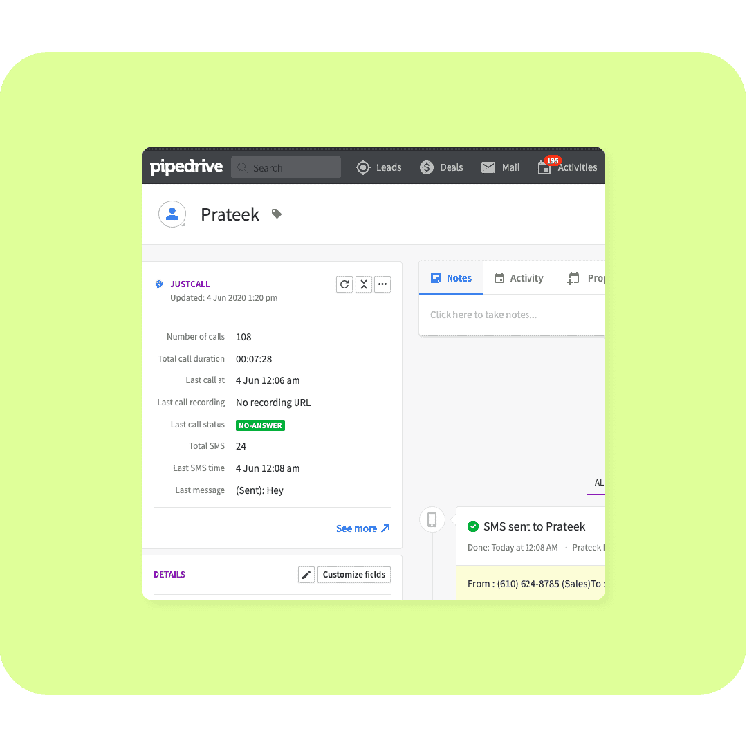 Integrate JustCall with Pipedrive for Call and SMS